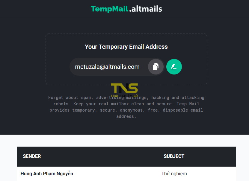 Tạo địa chỉ email tạm thời không giới hạn với TempMail.altmails
