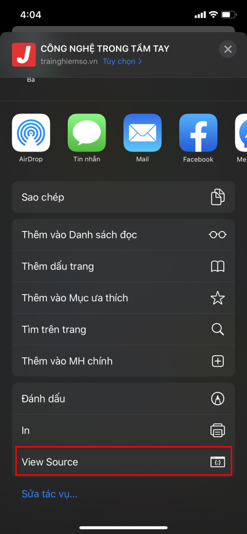 Cách xem mã nguồn trang web trên iPhone