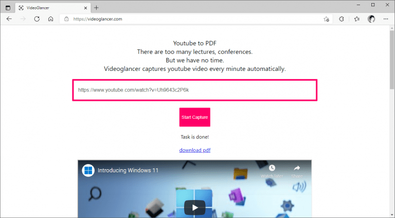 Videoglancer: Chụp hình mỗi phút video YouTube và lưu lại thành PDF