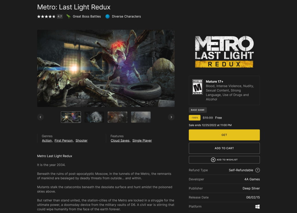 Đang miễn phí game Metro: Last Light Redux chỉ 24 tiếng cho PC